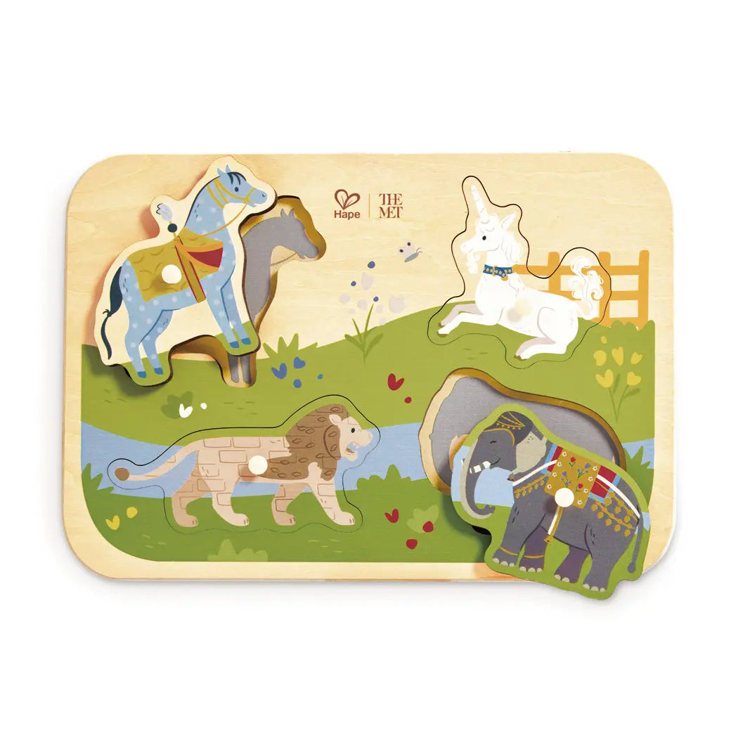 Hape x The Met Majestic Animals Wooden Peg Puzzle – 4-Piece Puzzle for ...